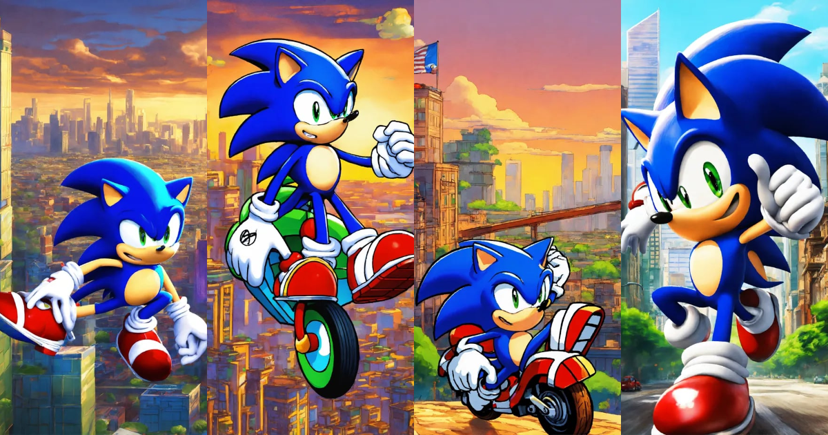 Lexica - Sonic riding on Yoshi with a city background.