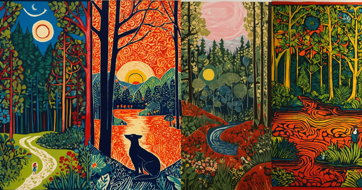 Lexica - Linocut, forest, folk art style inspired by marc chagall