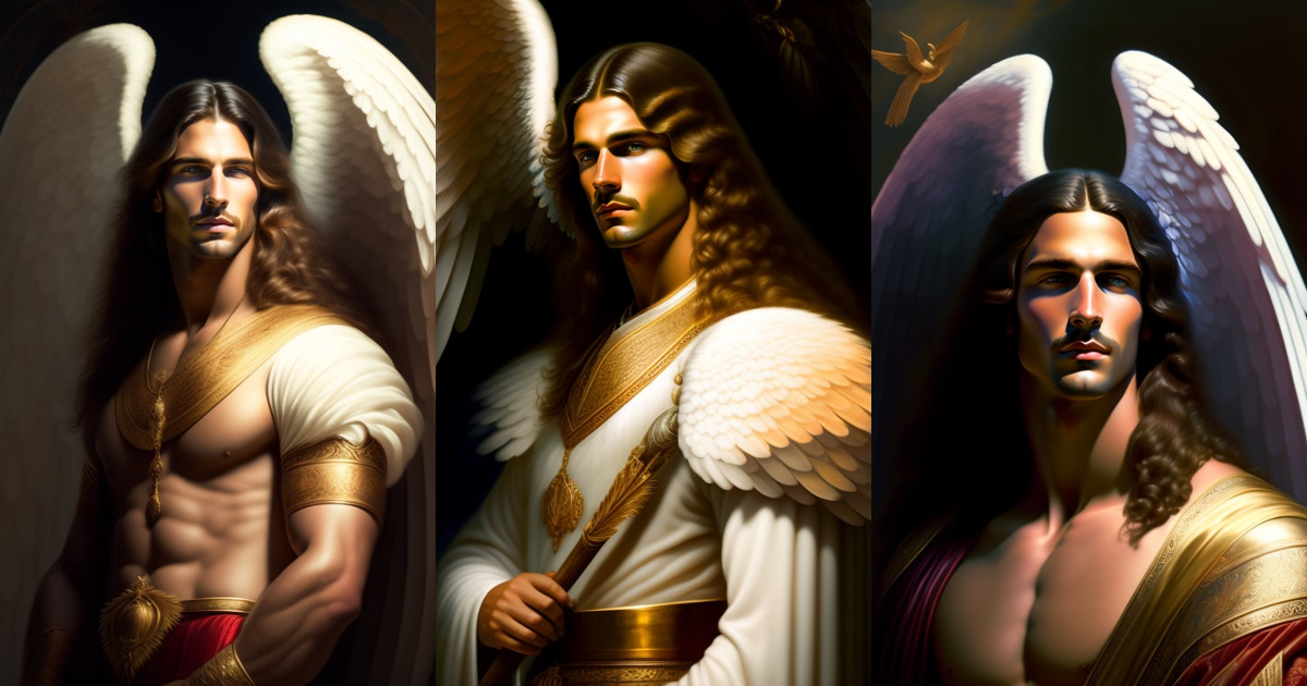 Lexica - Portrait of a handsome male guardian angel, majestic, long hair, long wings, holding ...