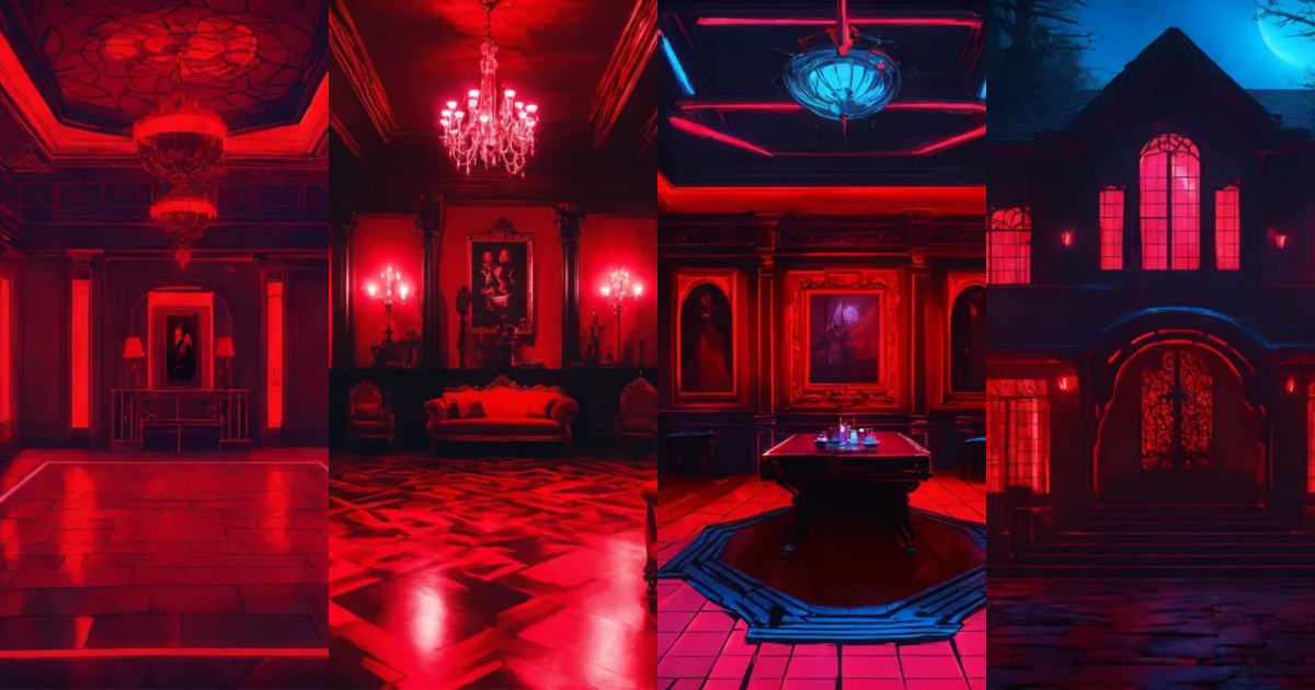 Lexica - A dark modern vampire manor hall with red neons