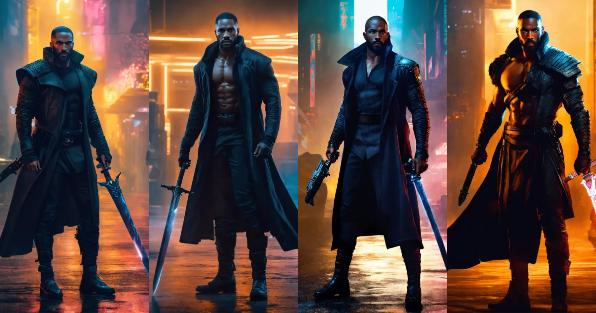 Lexica - Full body man, handsome black God of war with sword, handsome ...