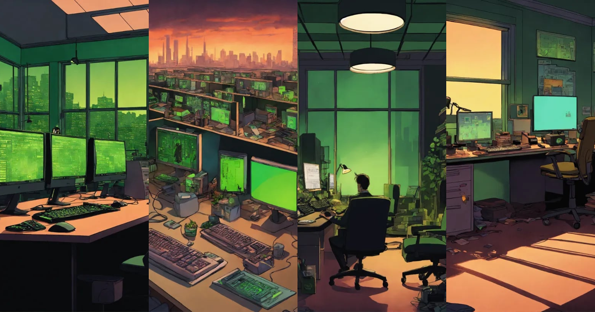 Lexica - Envision a comic cartoon poster of a dystopian office at ...