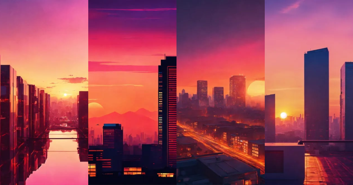 Lexica - A minimalist cityscape with geometric buildings silhouetted ...
