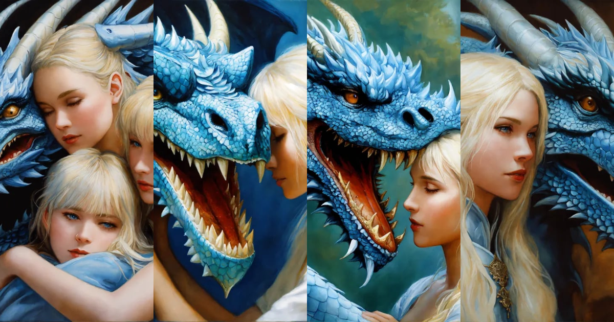 Lexica - Oil painting of a huge, magnificent two meter big blue dragon ...