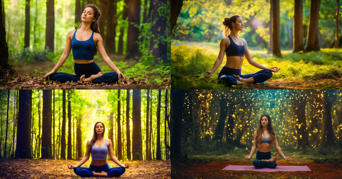 Lexica - Maiden doing yoga in a magic forest, poses, perfect face