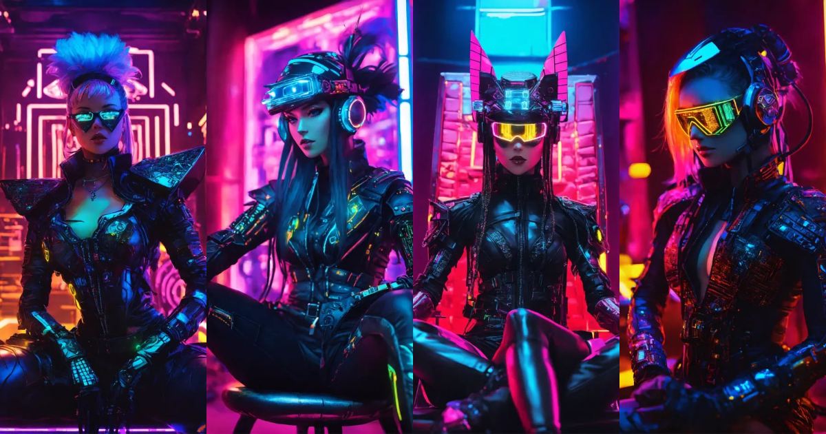 Lexica - Female Cyber Punk Ninja of topaz and shimmer black neon light DMT throne