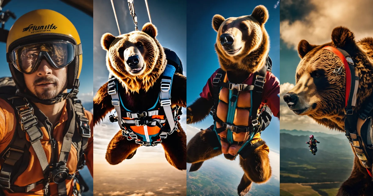 Lexica - Grizzly bear skydiving, parachute, wearing goggles, best ...