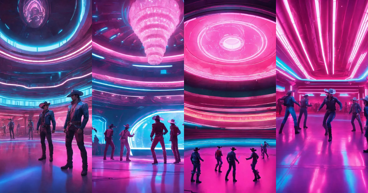Lexica - Futuristic cowboys dancing in a futuristic dance hall. the ...