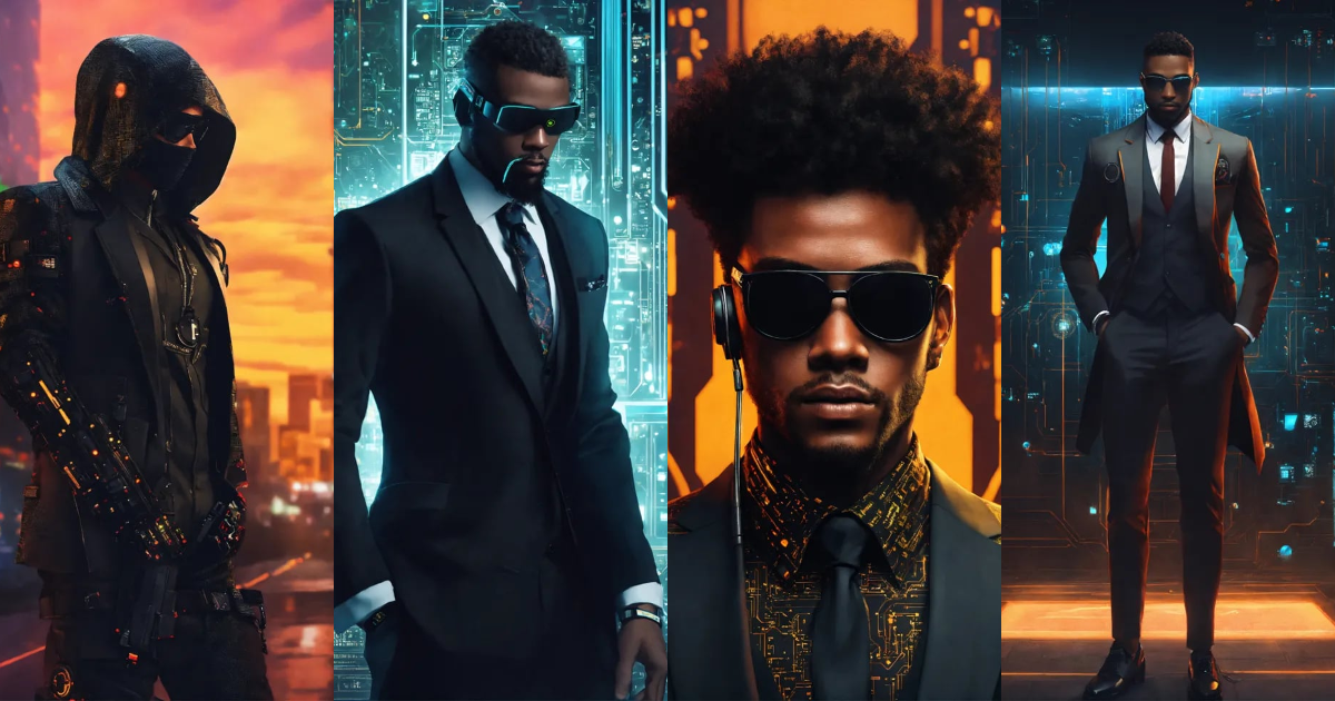Lexica - A black hacker in a stylish suit with cybernetics