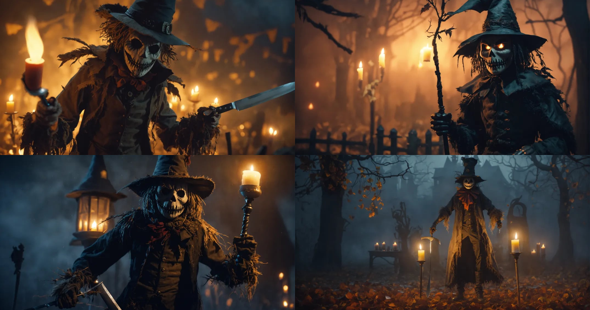 Lexica - A very scary scarecrow holding a large knife, Halloween, night ...
