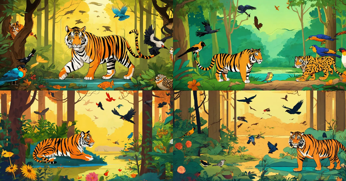 Lexica - Tiger, bird, crows, leopard, fish, in a forest, cartoon
