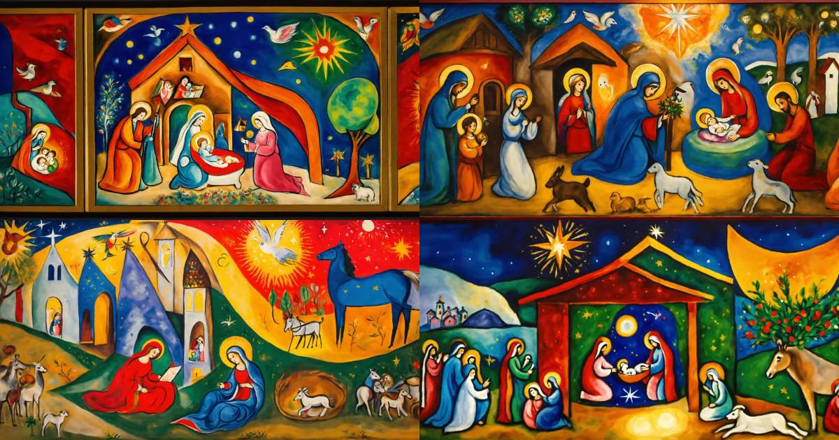 Lexica - Nativity Scene, a colorful painting in the style of Marc Chagall
