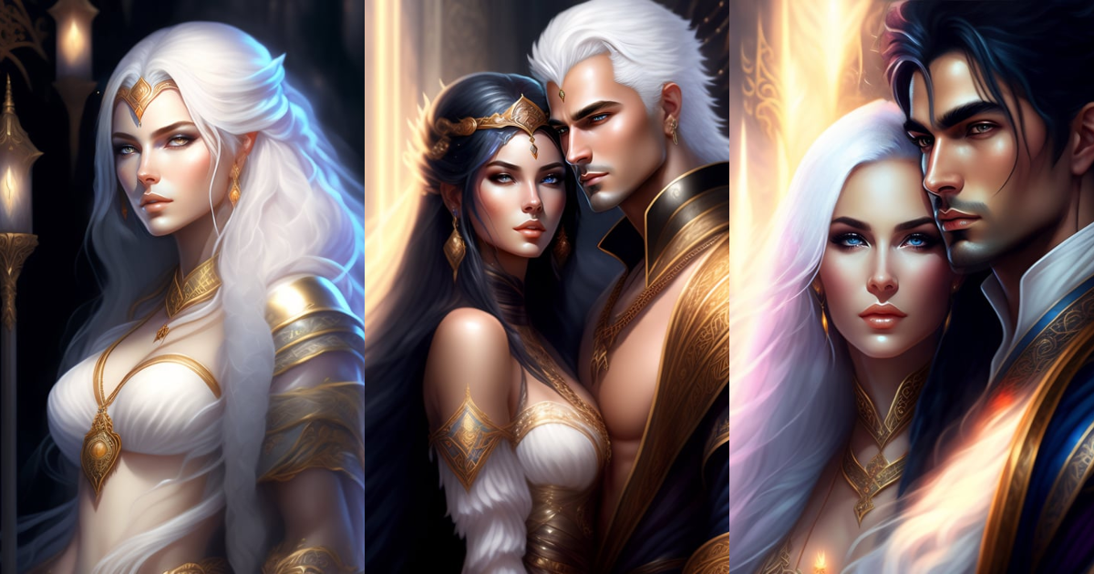 Lexica - Mage godess with white hair and mage god with black hair, pale skin, fantasy, in love ...