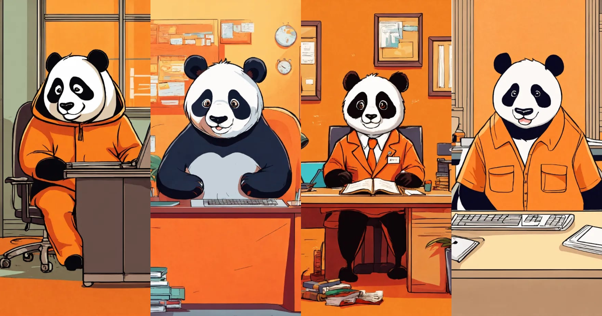Lexica - Panda first day at work, cartoon style, orange background