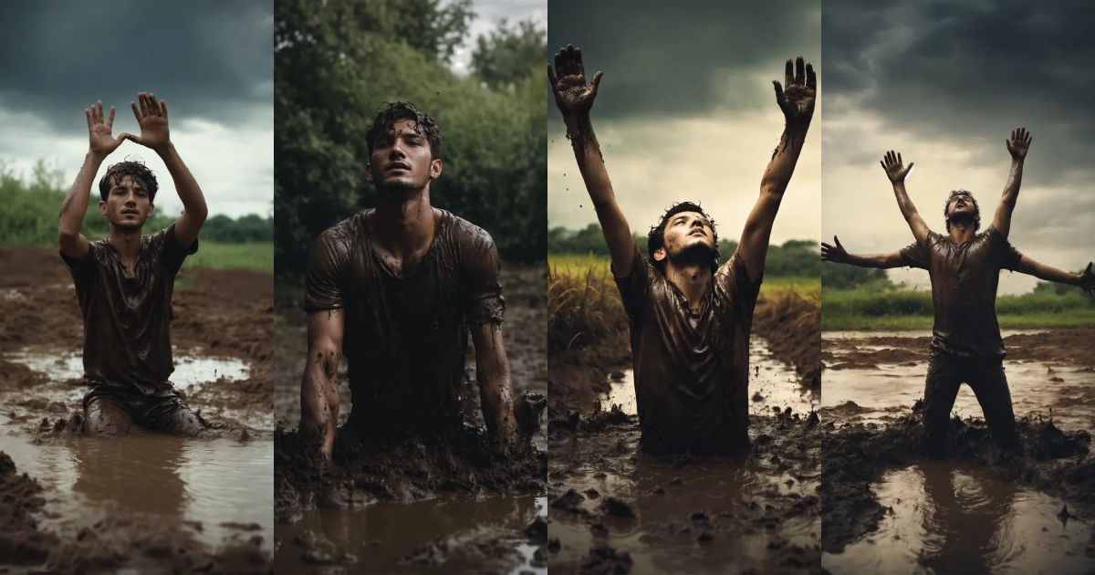 Lexica - A young dirty man falling in a mud pond, extending his hand to ...