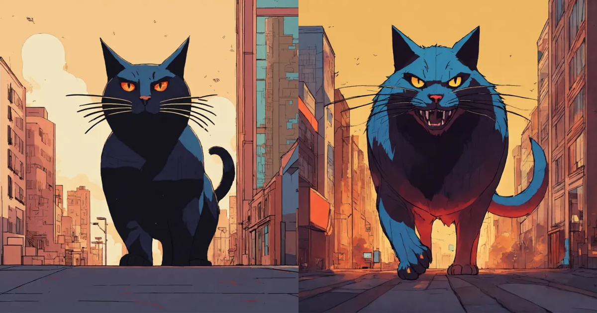 Lexica - A giant evil cat walking through buildings in a city, abstract ...
