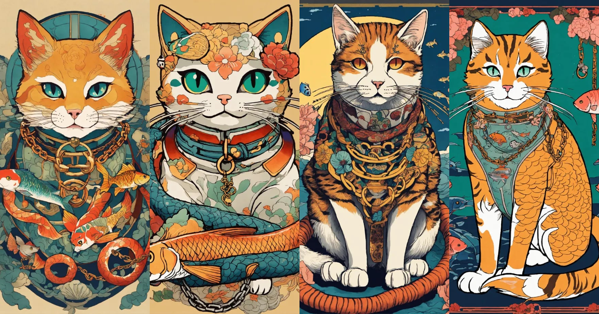 Lexica - There is a cat with a chain around its neck and a fish tattoo ...