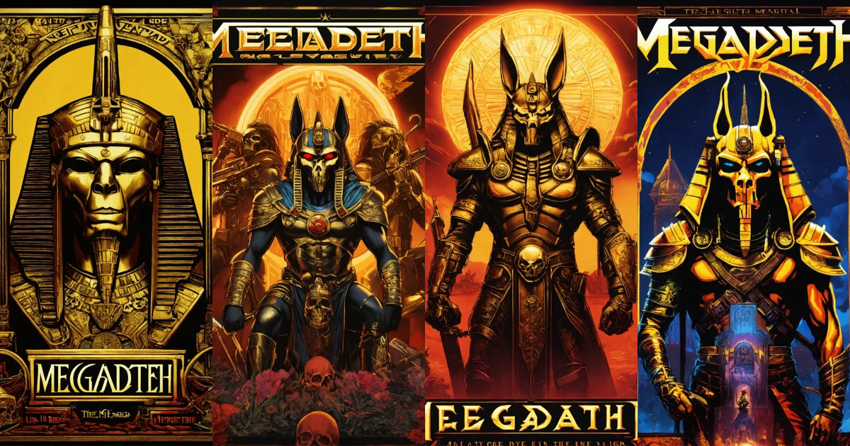 Lexica - A golden foil metallic poster for Megadeth featuring a group ...