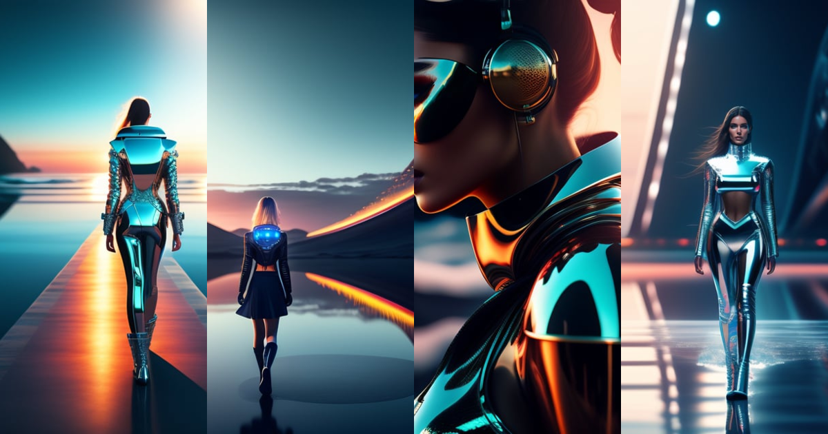 Lexica - Cyber girl wearing chrome, shining reflections, walking on the ...