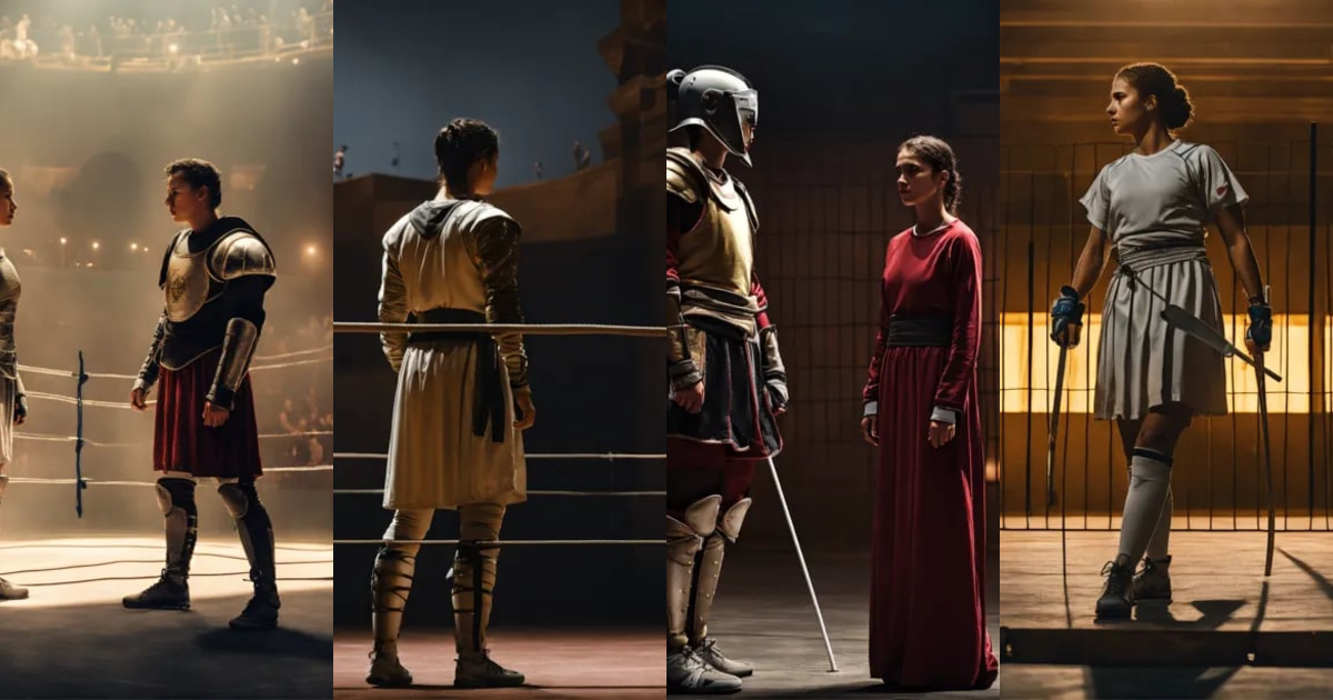 Lexica - Create an image of a female athlete and Julius Caesar standing ...