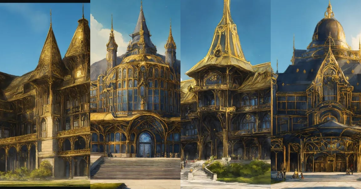 Lexica - Drawing of the full image of a massive black and gold elegant high elf sci fi palace in ...