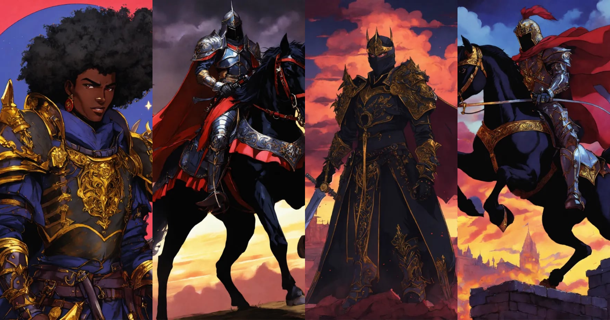 Lexica - 80s anime fantasy black knights mounted black characters evil ...