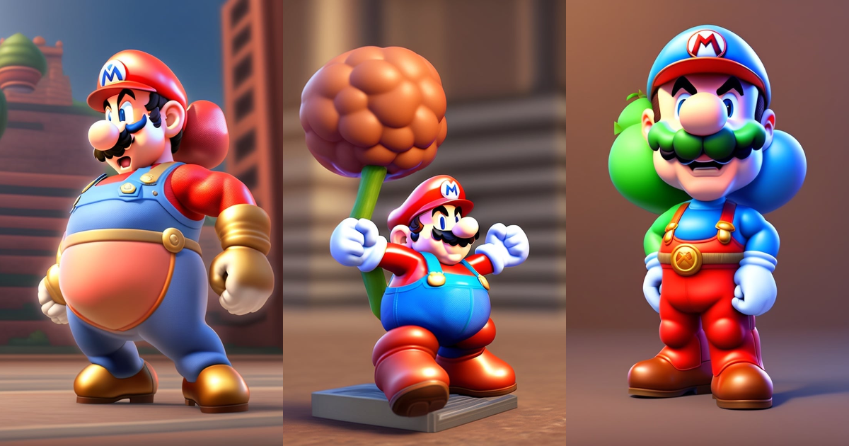 Lexica - Mario grows to an enormous size, his body expanding comically.
