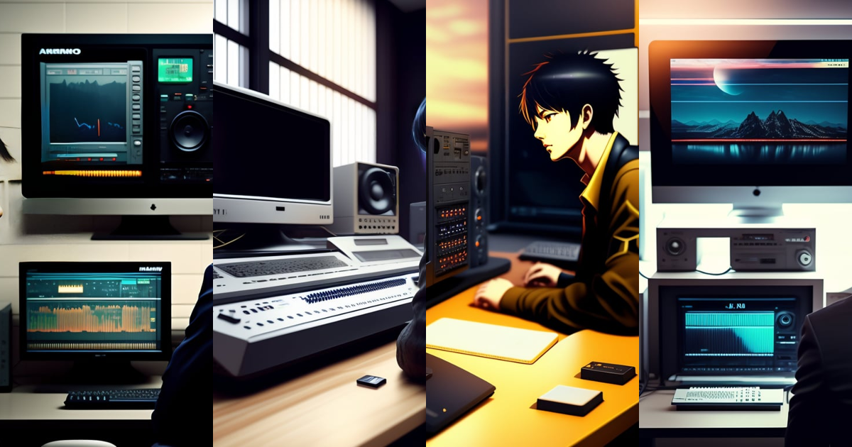 Lexica - A person sitting at a desk in front of a computer, an album ...