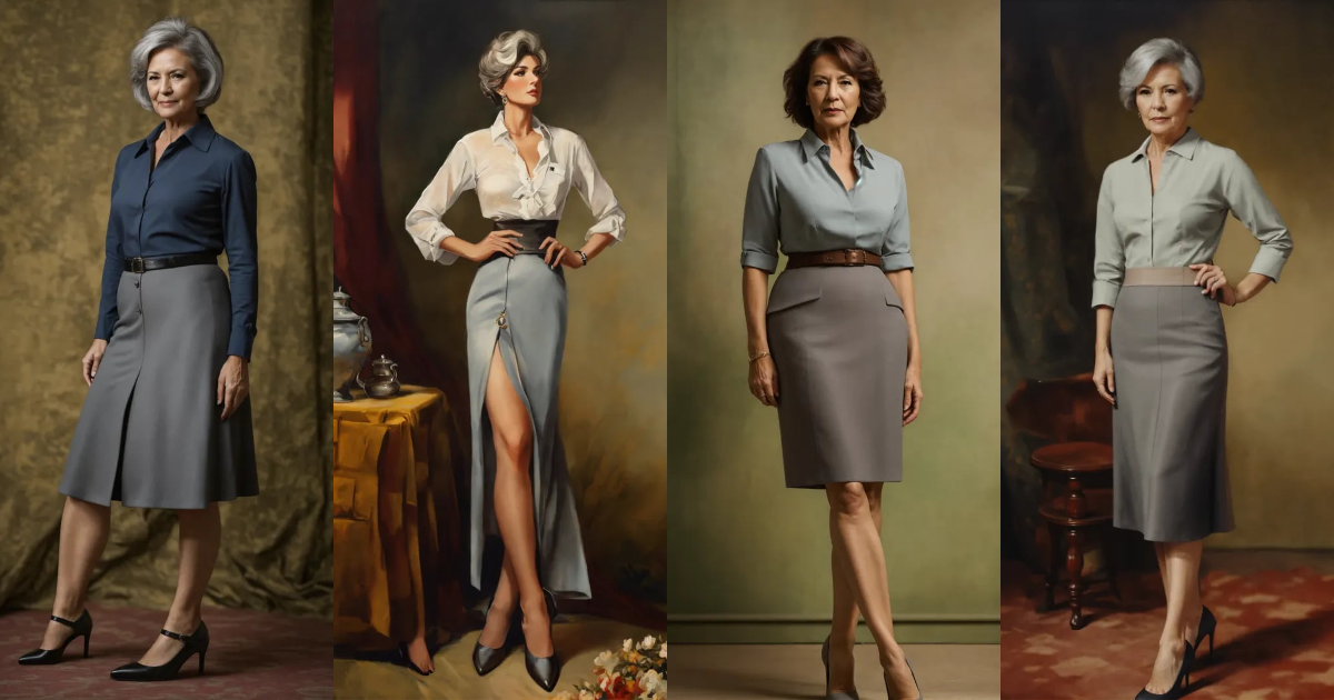 Lexica - A middle-aged woman in heels, in skirt, short stature, gray ...