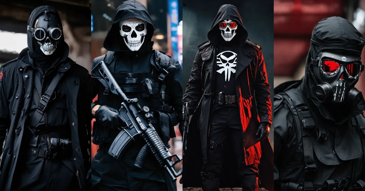 Lexica - A man wearing a full face mask that is black with a white ...