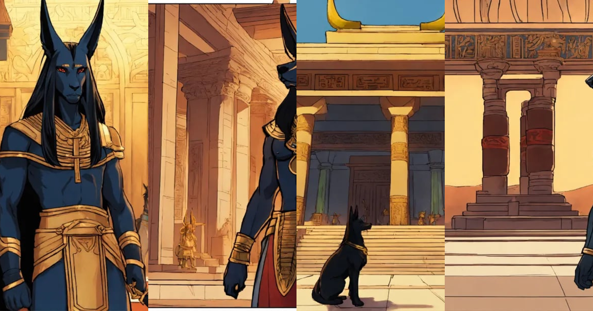 Lexica - Human Black long haired Anubis at a temple. comic