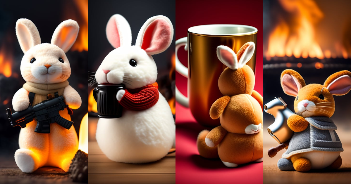 Lexica - Plush rabbit mug with a machine gun on the background of a fire