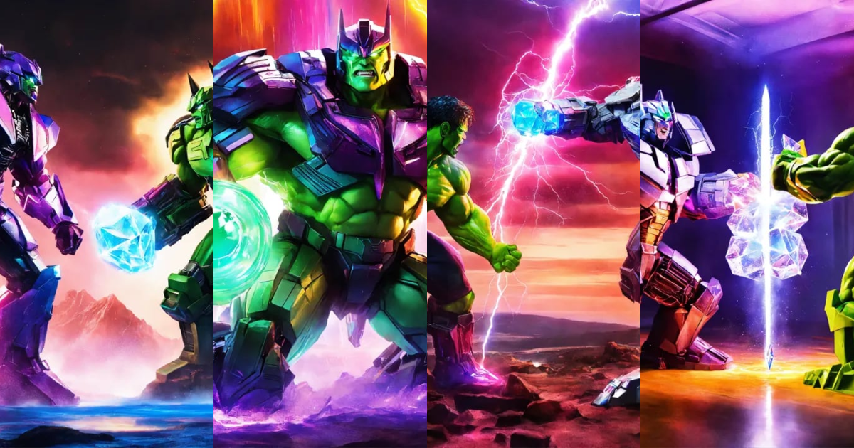 Lexica - Glowing crystal Hulk vs transformer Megatron god rainbow water ...