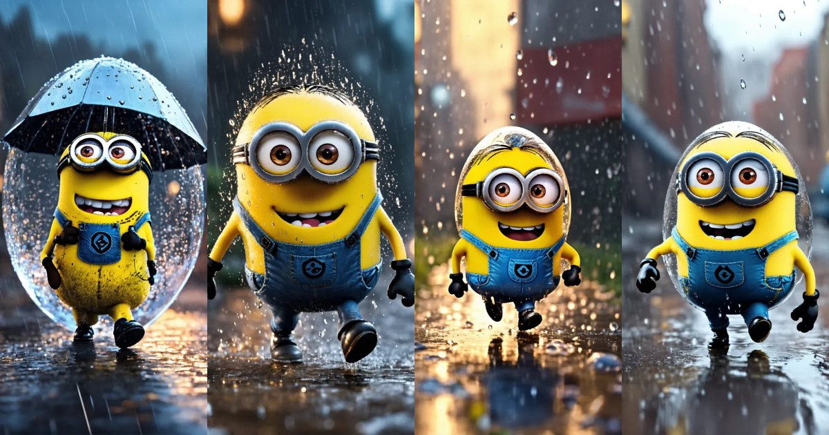 Lexica - Crystal egg, humoristic minion running under the rain, ultra ...