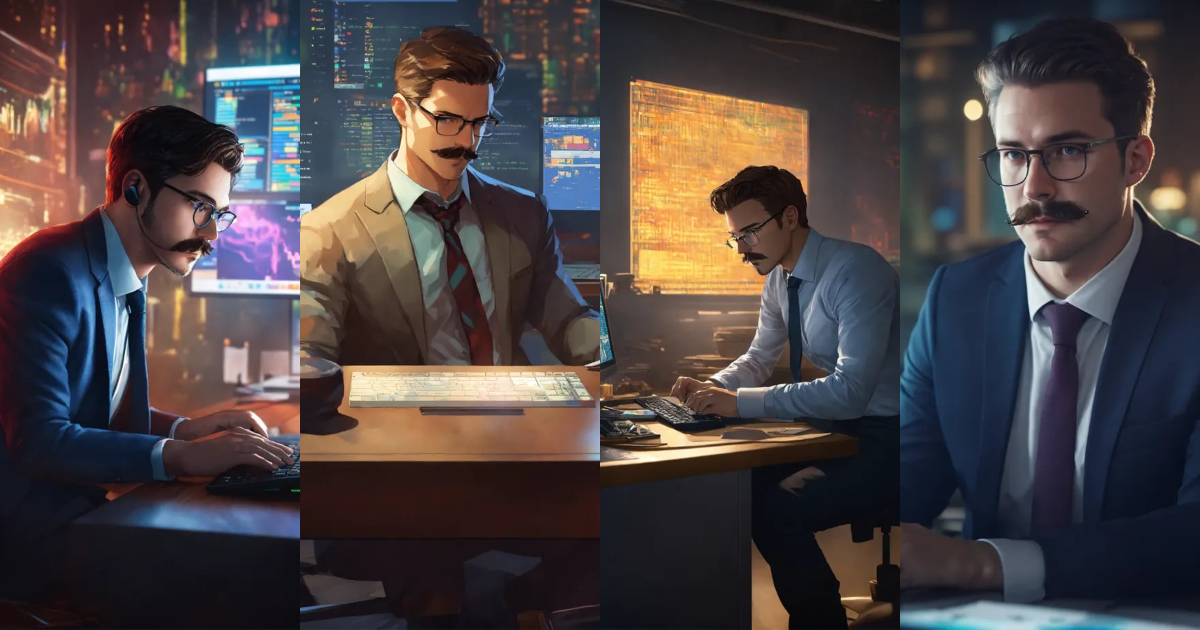 Lexica - Young, white male investment banker with mustache sitting at ...