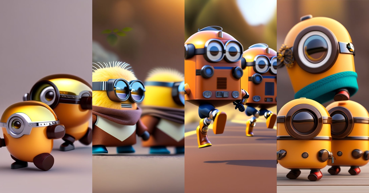 Lexica - Small brown minions robots, running to boy and girl robot owners