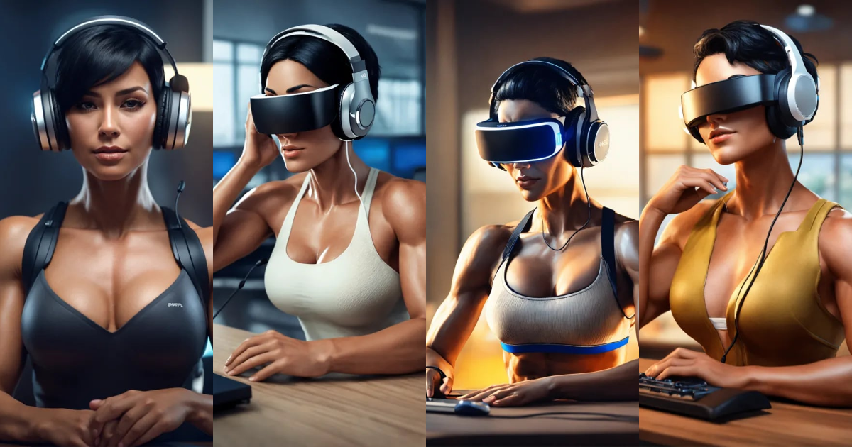 Lexica - A woman with short black hair and big VR headset sitting at a front desk. Oiled tan ...