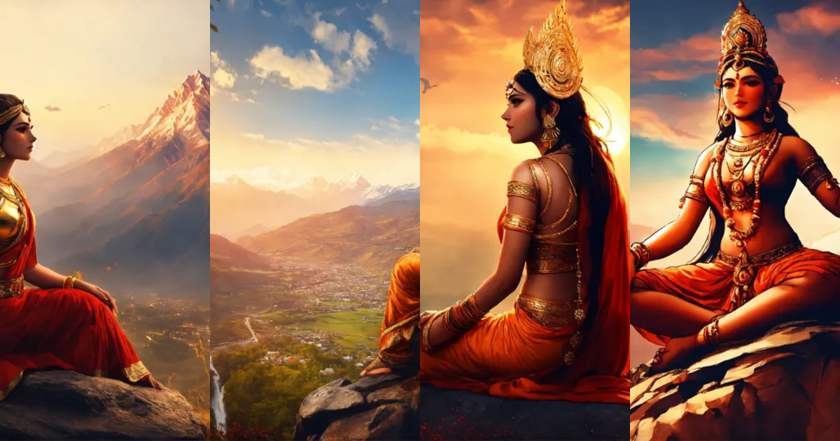 Lexica - Durga sitting on mountain range in the background artistic reality 8k