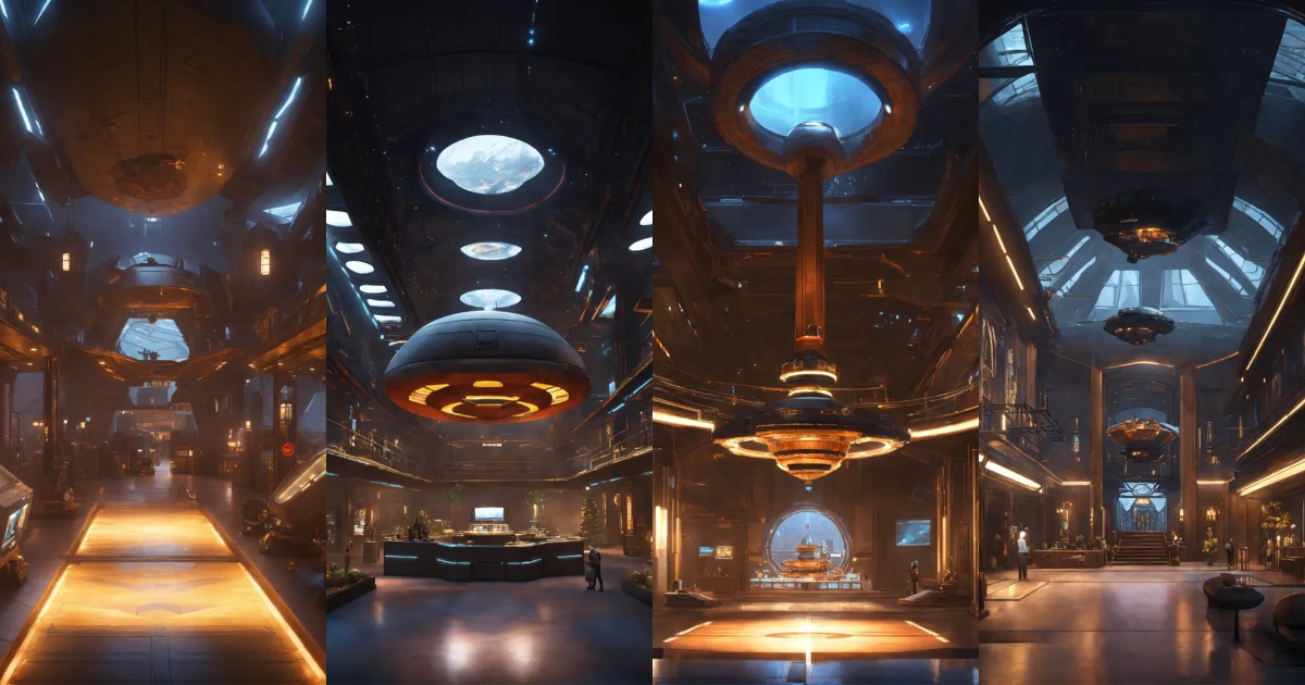 Lexica - Large spaceship lobby, modern design, classic artifact decor ...