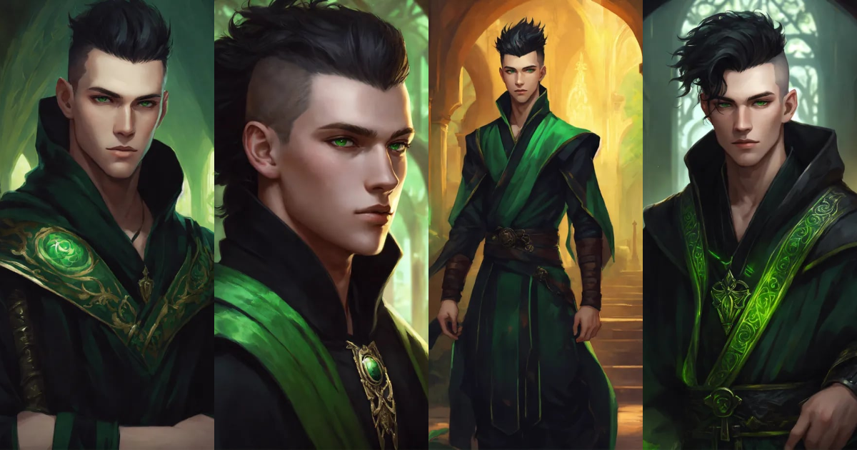 Lexica - Young man with pale skin, green eyes, wearing black monastic ...