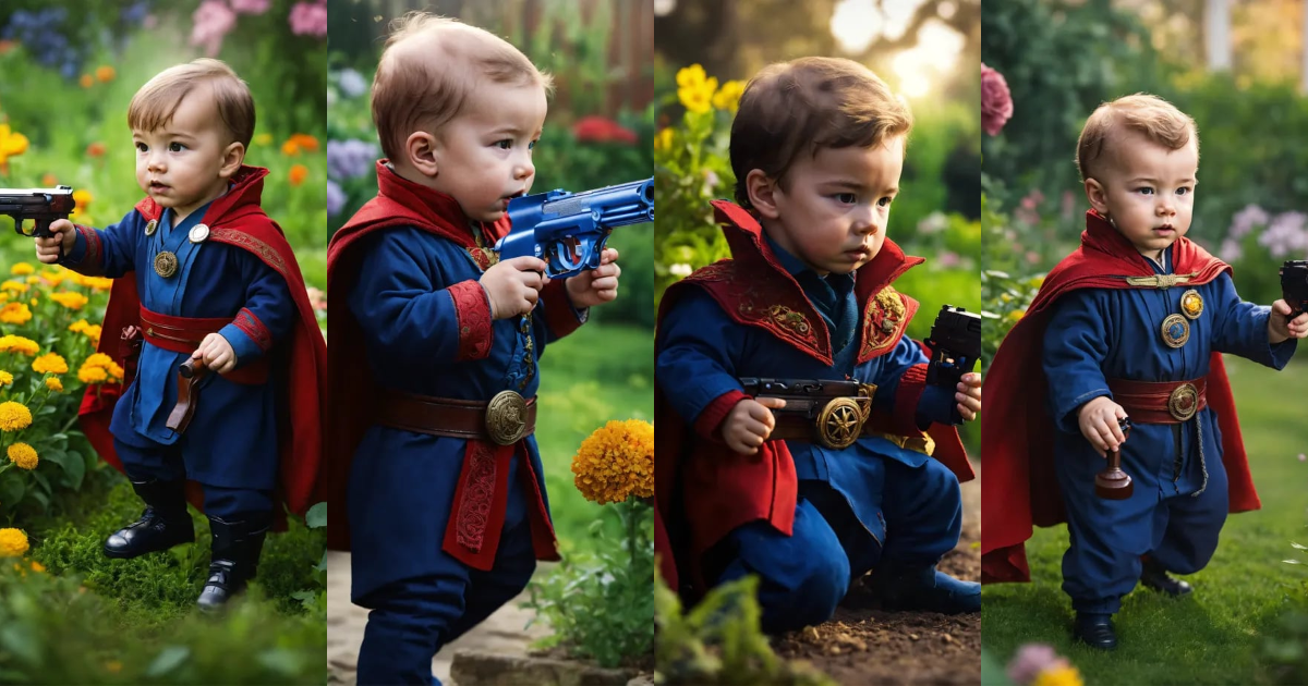 Lexica - Realistic, baby doctor strange playing gun, in the garden ...