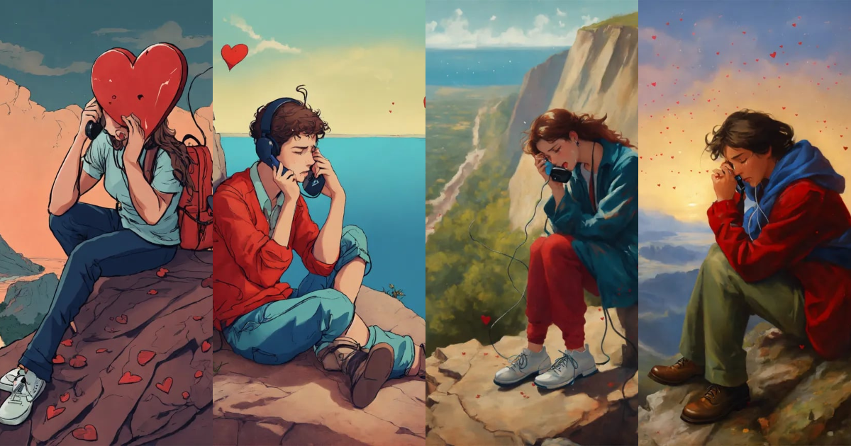 Lexica - A broken heart personified calling on the phone from a cliff ...