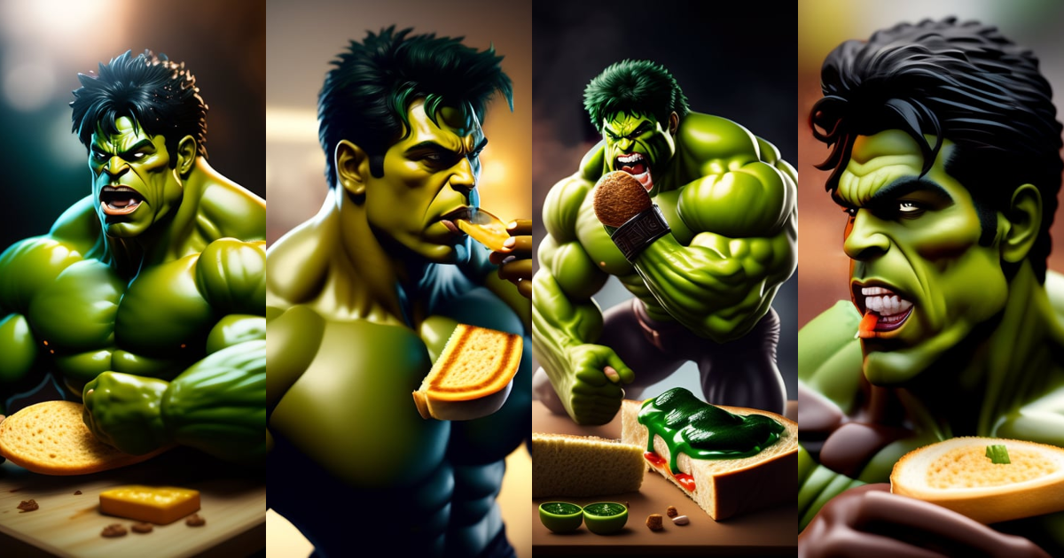 Lexica - The incredible hulk eating a sandwich, photo realistic