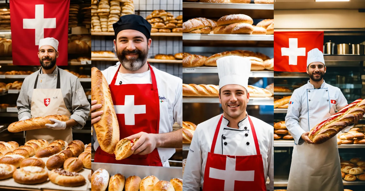Lexica - Switzerland baker, holding a beautiful baguette in his bakery ...