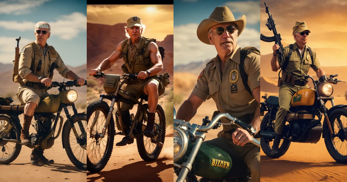 Lexica - Joe Biden dressed as Rambo on a bicycle in the desert Joe Biden dressed as Rambo. 4k ...