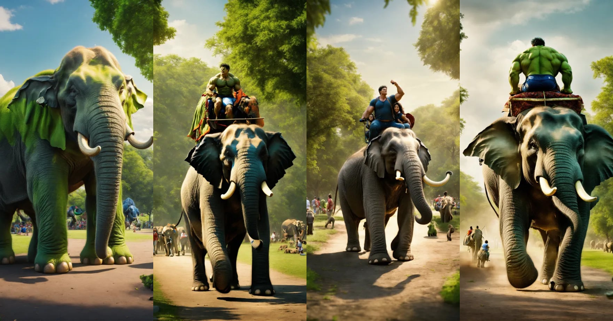 Lexica - Hulk riding an elephant,8k,in the park,reality