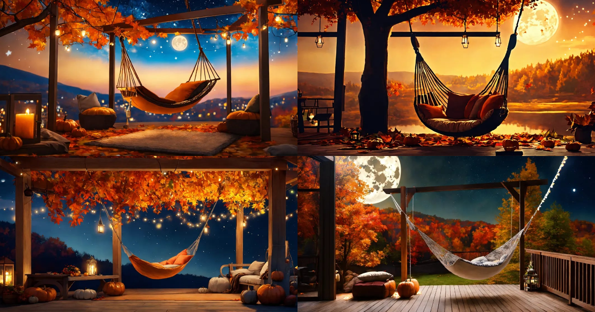 Lexica - Fall vibe patio, hanging comfy couch swing, fall landscape ...