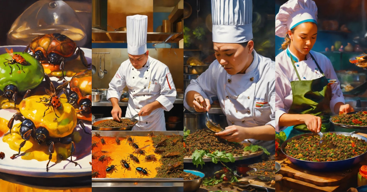 Lexica - Superrealist style, chef cooking insects, vivid colors, day