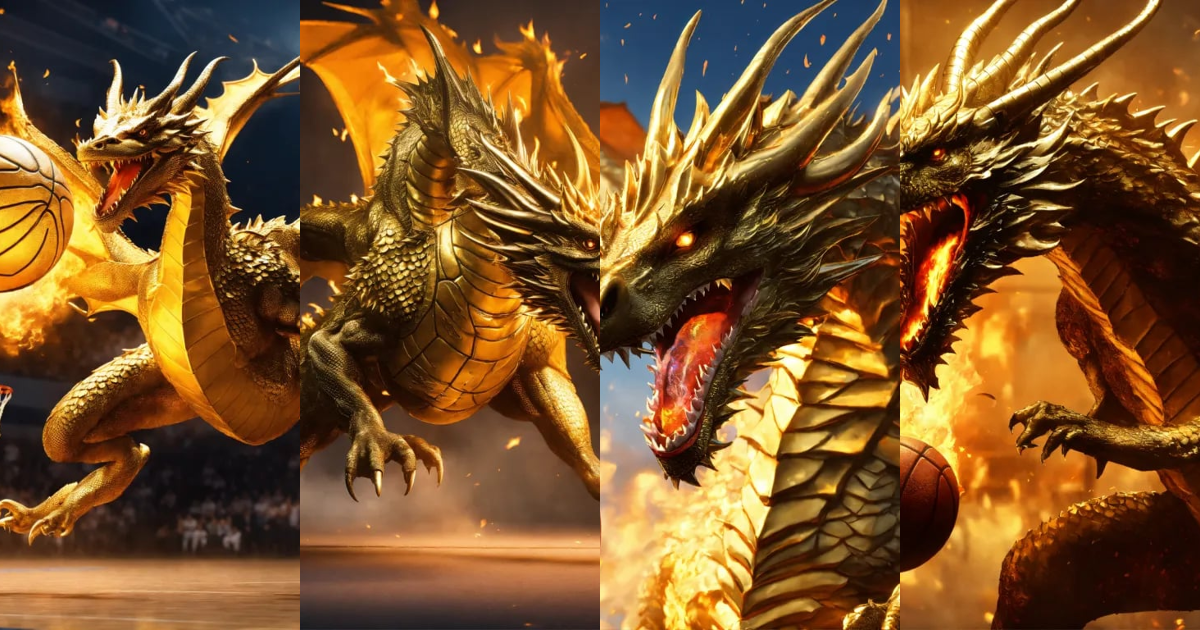 Lexica - A scary strong gold dragon with basketball shooting fire ...