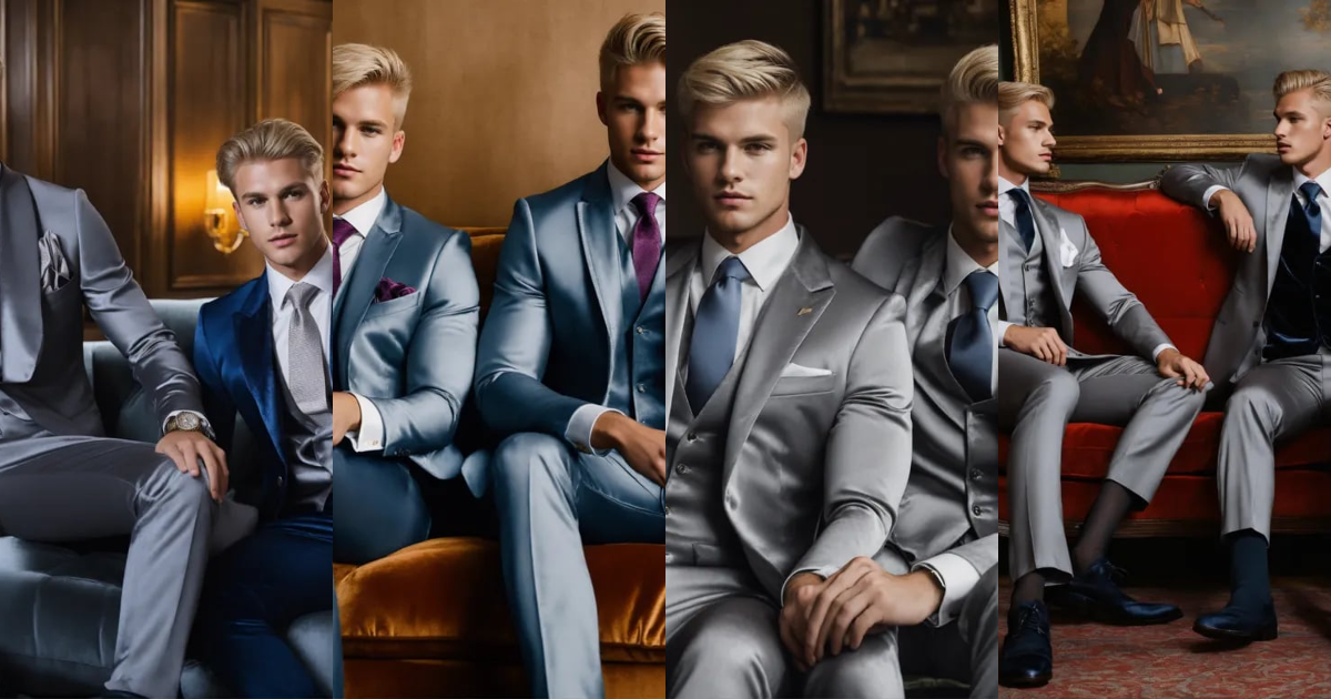 Lexica - Two young male blonde businessmen in satin grey vested suit ...